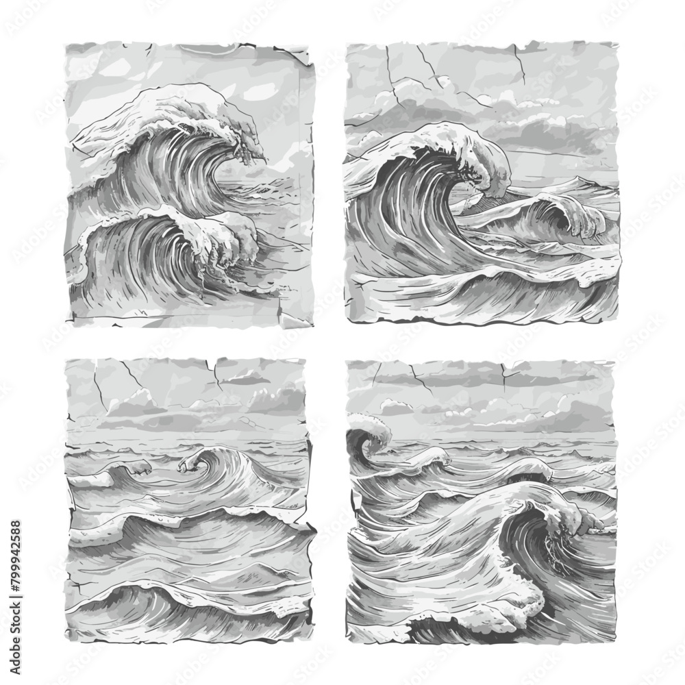 Vetor de Sketch waves drawings on old vintage paper, scribble doodle ...