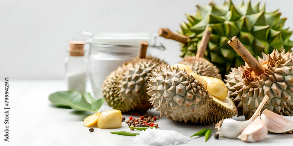 Durian still life with kitchenware on a white background, perfect for ...