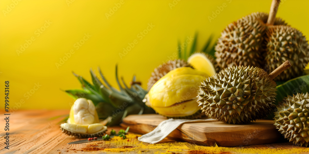 Durian composition on a yellow background, fitting for vibrant summer ...