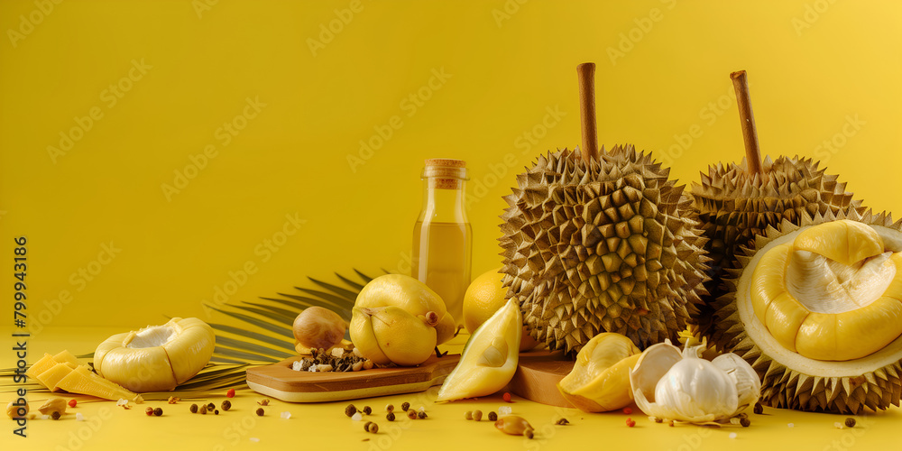 Durian composition with tropical elements on a yellow background ...