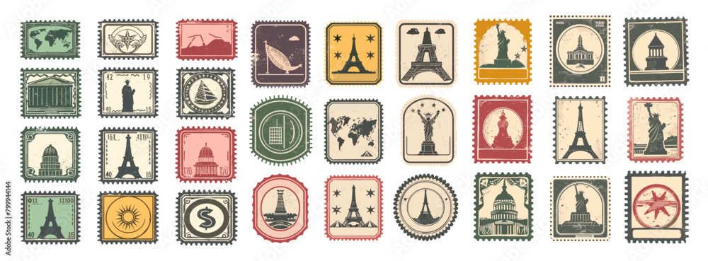 Vintage stamps grunge icons, travel postage stamp with sights of ...