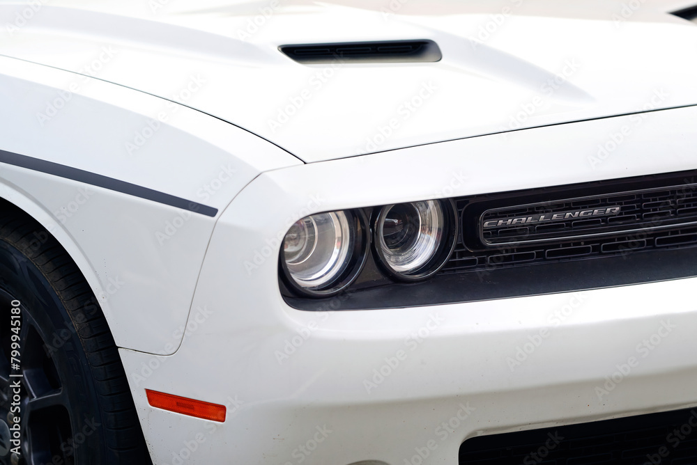 Minsk, Belarus. Apr 12, 2024. Dodge Challenger front headlights closeup ...