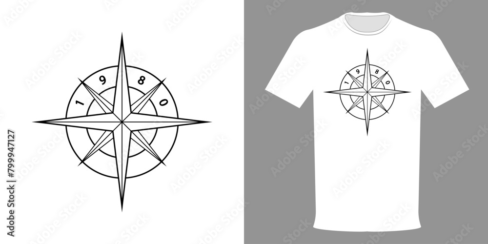 Vector illustration of a t-shirt with an eight-point compass in the ...