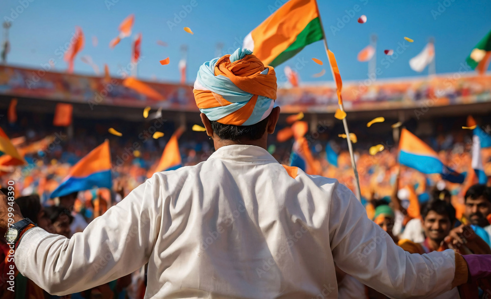 Indian man celebrating victory in a sports stadium. Crowd of people ...