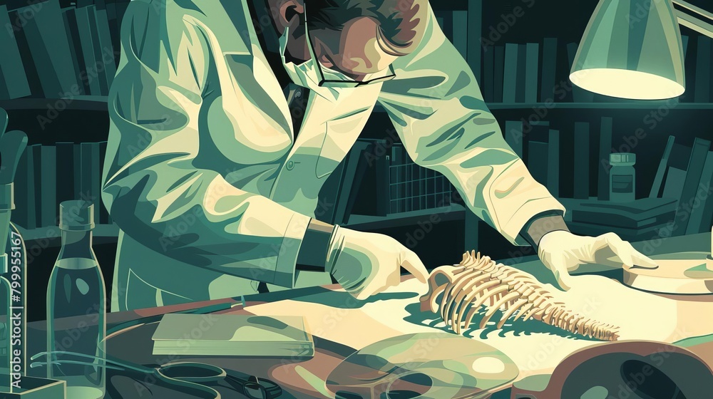 Forensic expert studying skeletal remains, focus on pelvis, lab setting ...