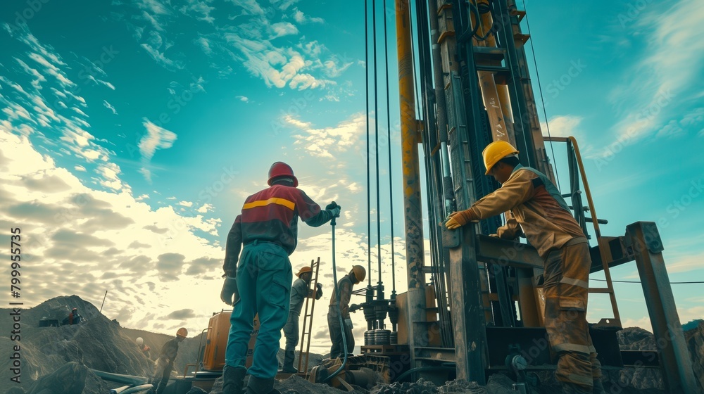 Construction workers operating heavy machinery on a site under a vivid ...
