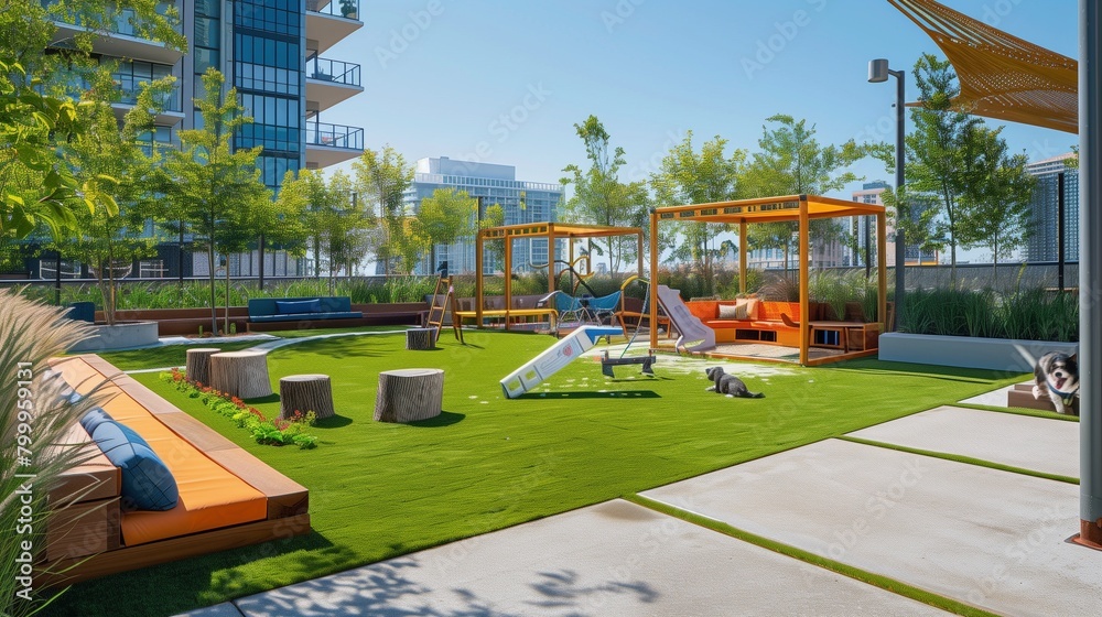Modern urban rooftop dog park with artificial turf, agility equipment ...