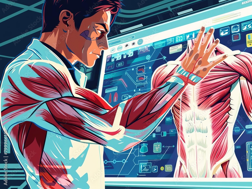Sports scientist examining muscle anatomy on interactive touch screen ...