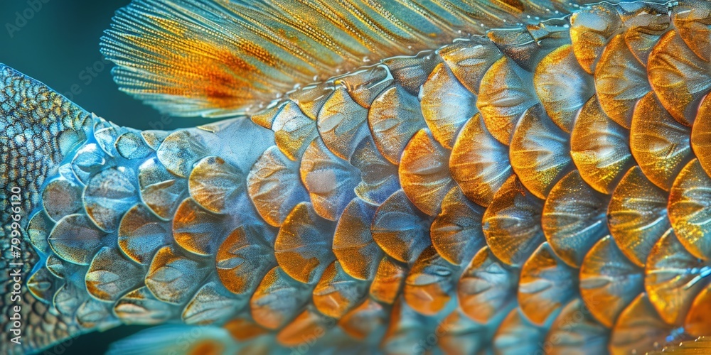 Zoomed-in view of a fish's scale, high-magnification with intricate ...