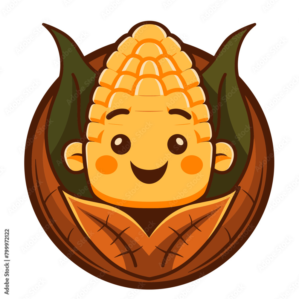 cartoon illustration of a smiling corn on the cob with a single leaf ...