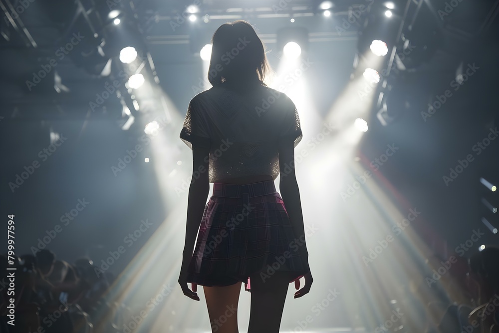 Female supermodel showcasing modern designer clothes on a runway under ...