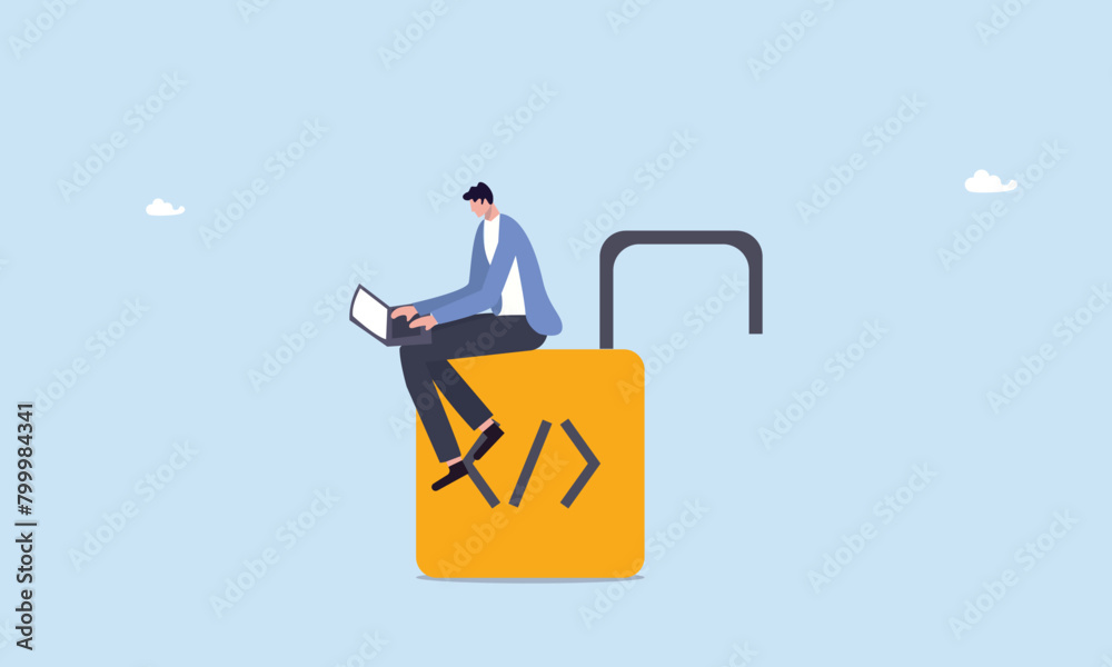 Programmer Working Lady Using Computer Laptop Working On Unlock Lock With Coding Symbol Open