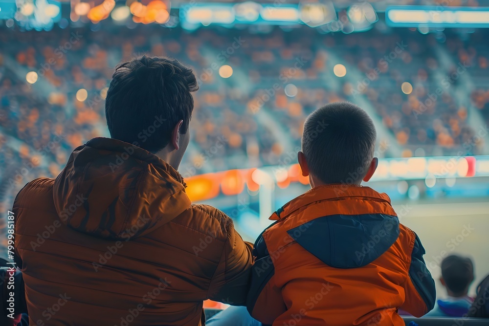 Father and son watching sports game together from stadium stands ...