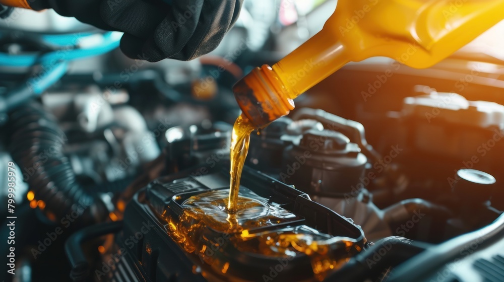 Oiling an engine with oil, shown in closeup as yellow light liquid is ...