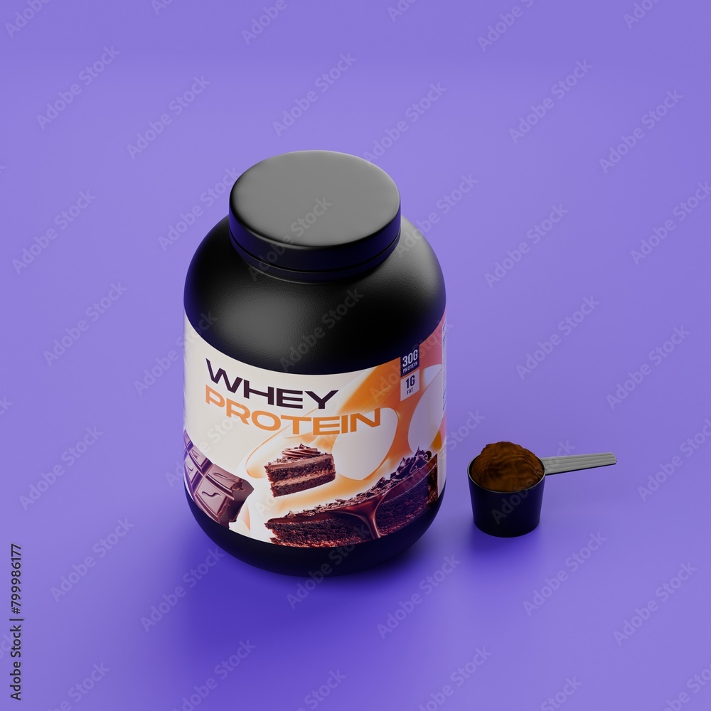 3d whey protein tub supplement container, on purple background Stock ...