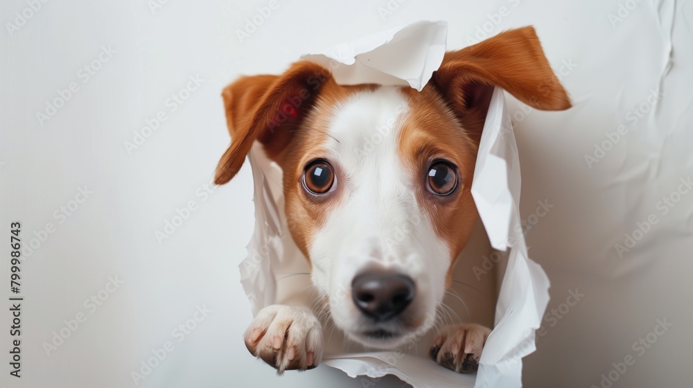 Cute dog peeking through a tear in white paper, displaying an ...