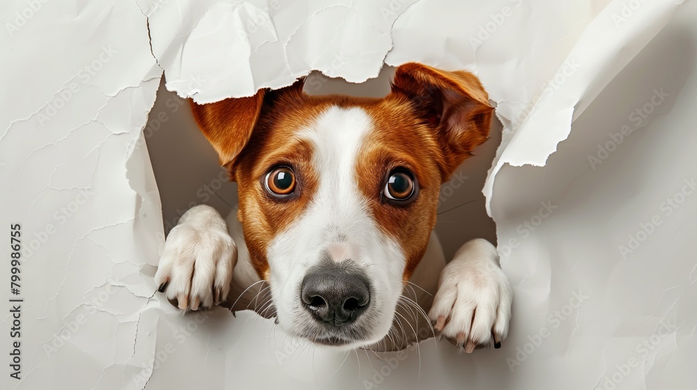 Cute brown and white dog peeking through a large, torn hole in white ...