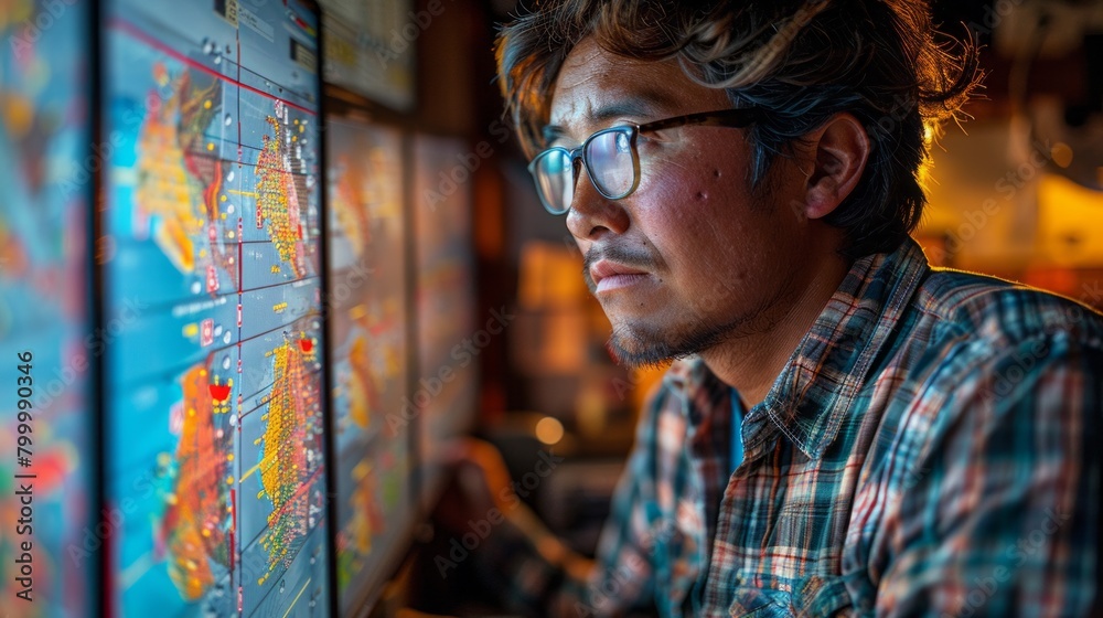 A seismologist monitoring earthquake activity using seismographs,Data ...