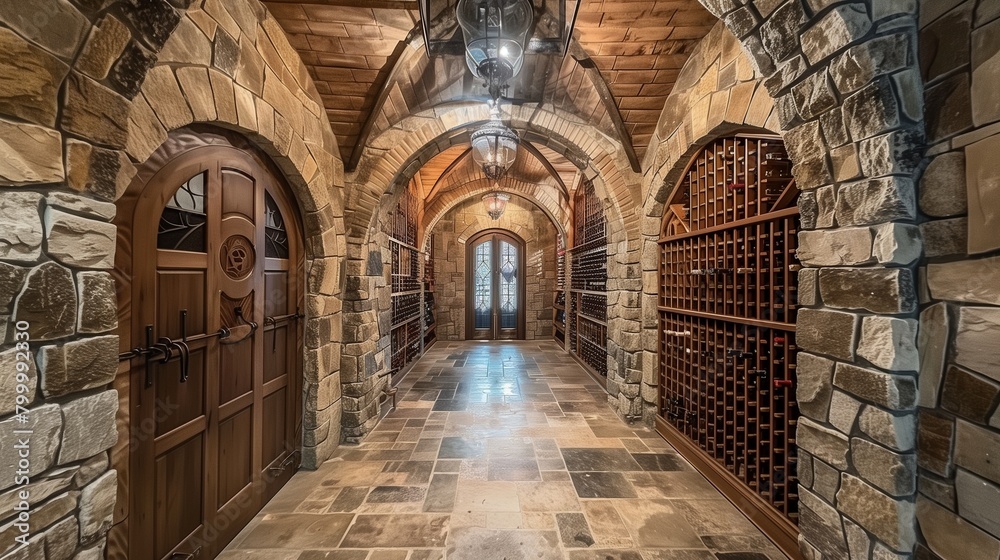 Gothic cathedral-inspired wine cellar with stone arches, vaulted ...