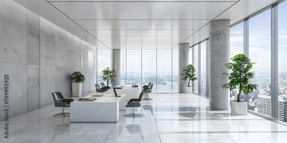 Modern white concrete office interior with with glass walls frames ...