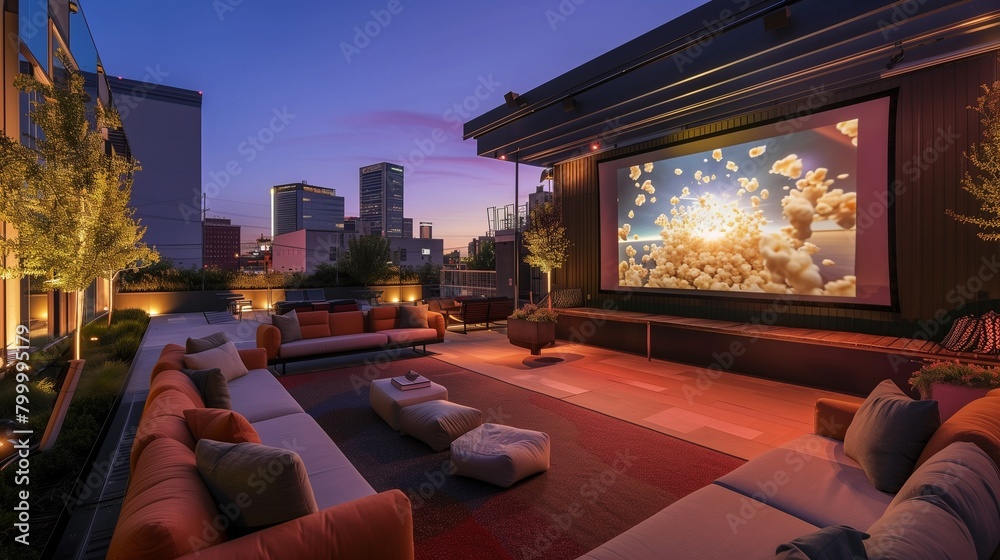 Modern urban rooftop cinema with a large screen, comfortable seating ...
