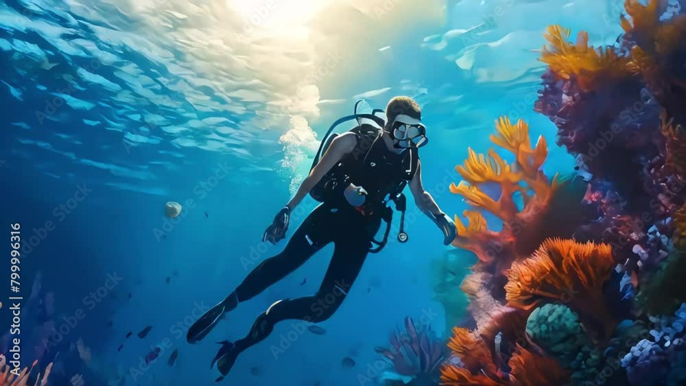 A captivating underwater scene with a scuba diver gracefully swimming ...