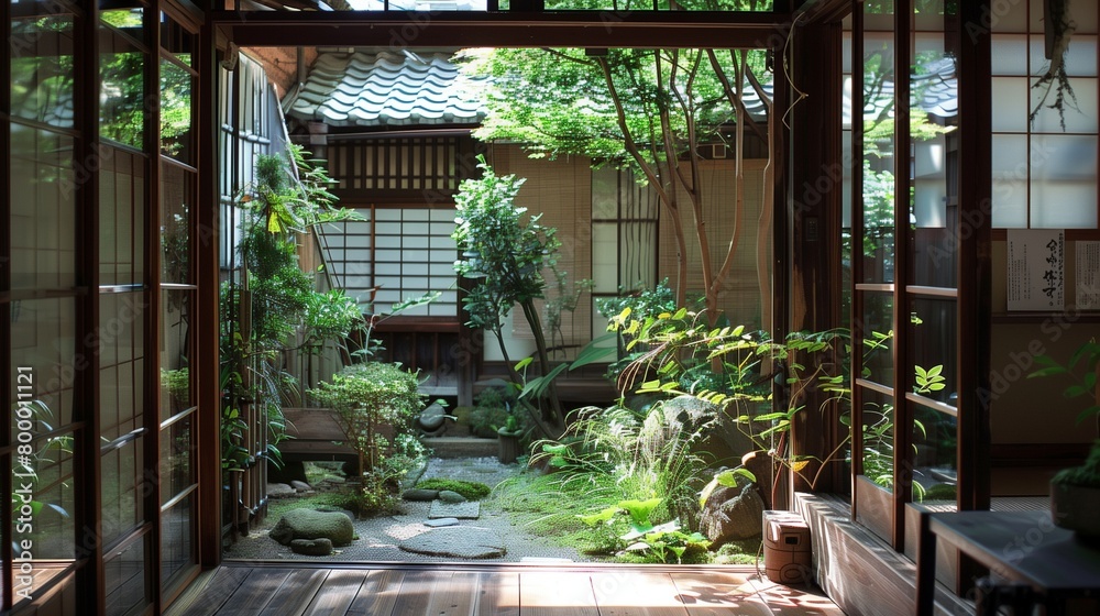 Traditional Japanese machiya townhouse with sliding shoji doors, tatami ...
