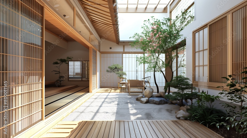 Traditional Japanese machiya townhouse with sliding shoji doors, tatami ...