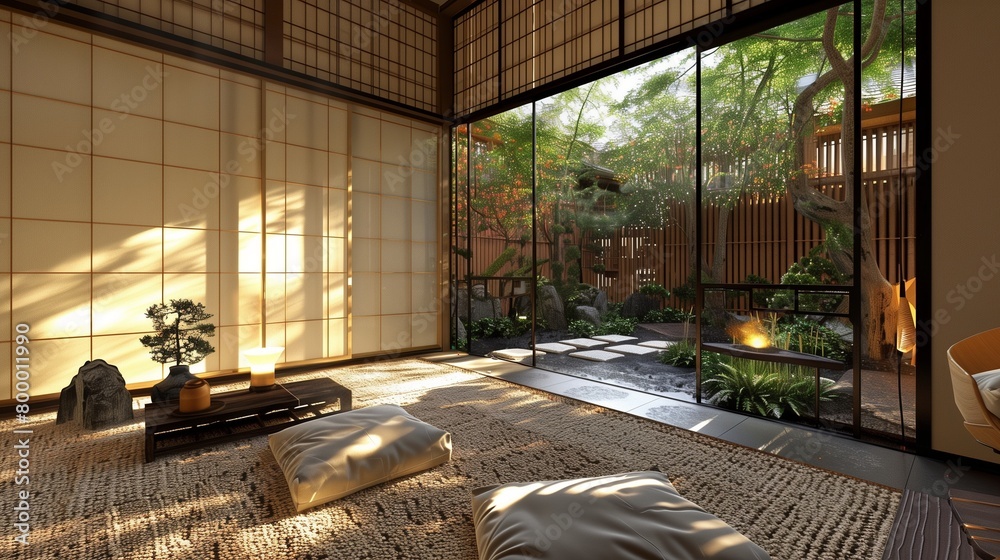 Traditional Japanese machiya townhouse with sliding shoji doors, tatami ...