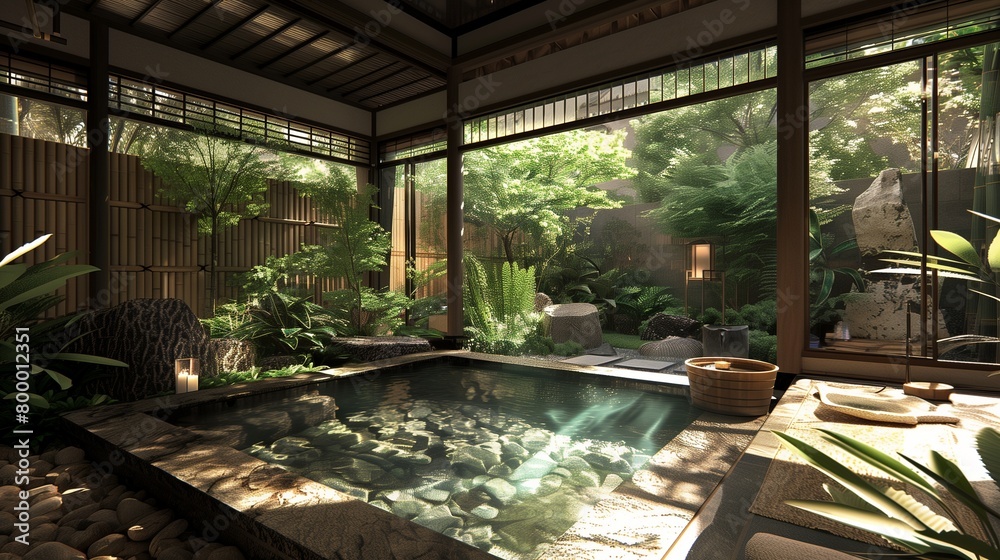 Traditional Japanese onsen spa with natural stone baths, bamboo accents ...