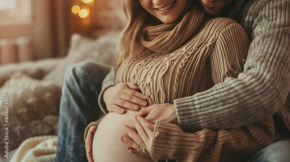 Close-up of a smiling pregnancy mom belly is sitting on a crouch with ...