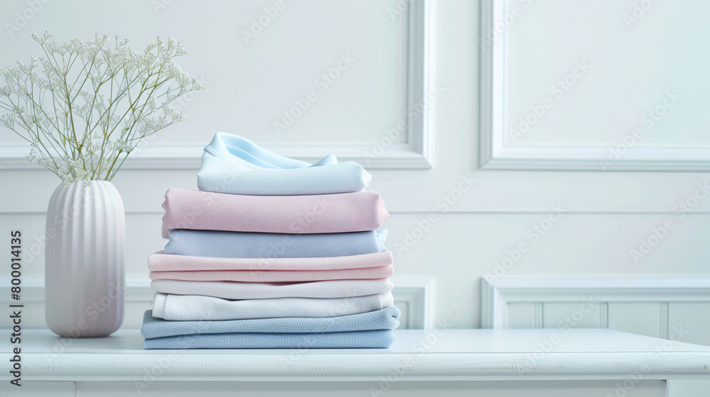 Stack of folded clothes on plain background with copy-space for text ...