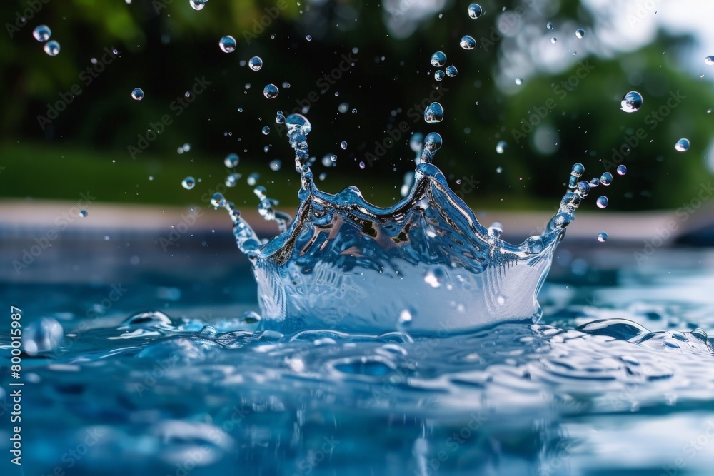 A serene pool is momentarily disturbed as a water splash forms an ...