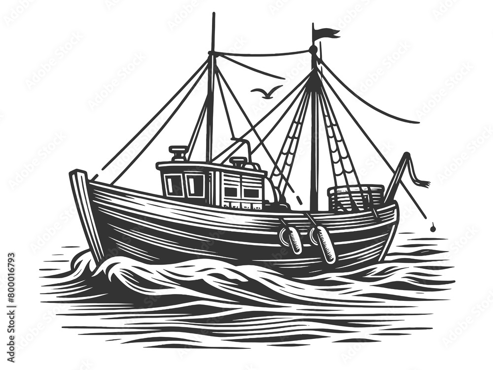 fishing boat with nets, riding the crests of ocean waves, under a sky ...