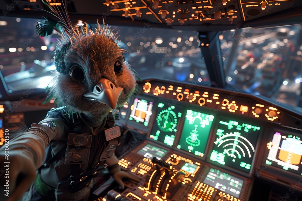 An animated bird dressed in a pilot's uniform takes a selfie inside a ...