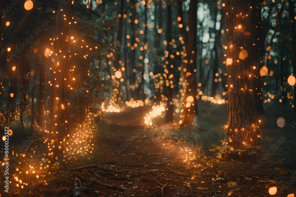 A magical fairy-tale forest at night with large trees, a path, full of ...