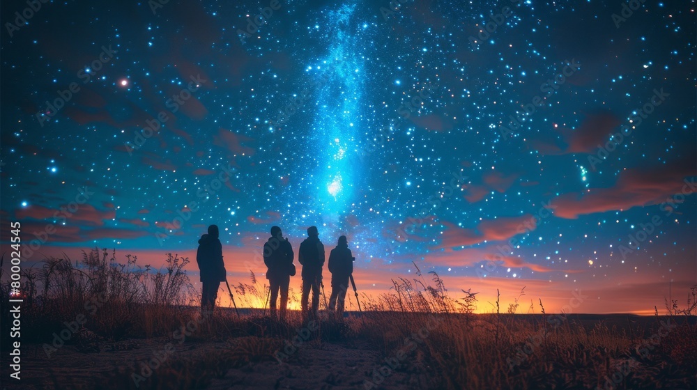 Astronomers observing a comet through telescopes, tracking its ...