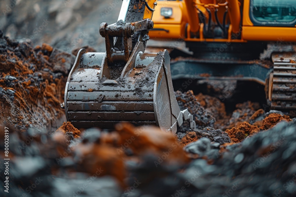 Selective focus on metal bucket teeth of backhoe digging soil. Backhoe ...