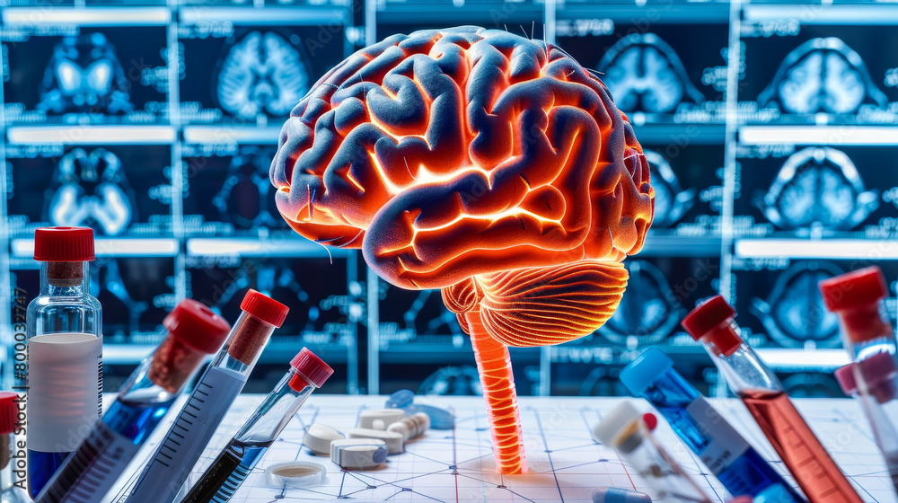 An illustration of a brain with a glowing red center and blue veins on ...