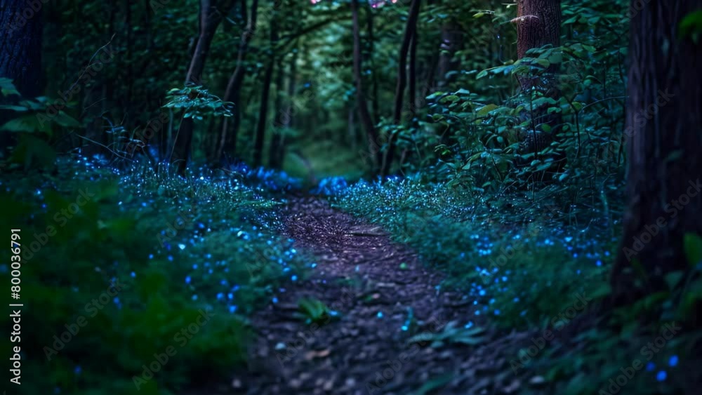 A captivating view of a tranquil path in the forest with radiant blue ...