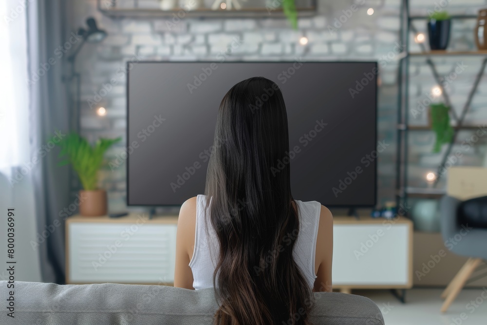 Application mockup caucasian woman in her 30s in front of an smart-tv ...