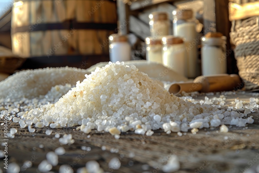 Sea salt farm. Pile of white salt. Raw material of salt industrial ...