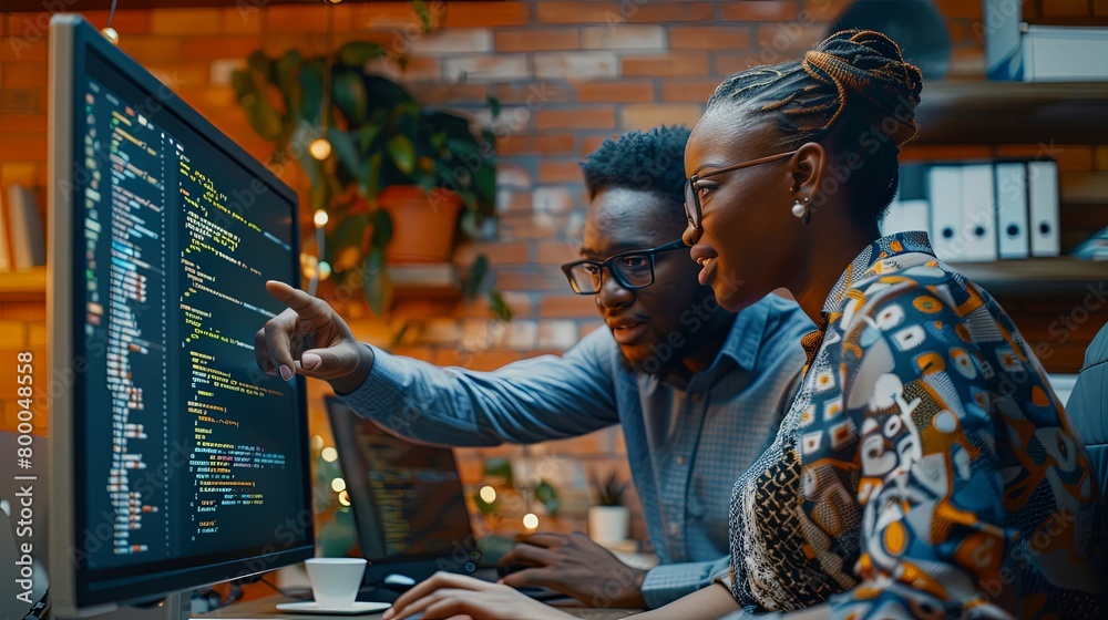 Man and woman african american software developers collaborating at ...
