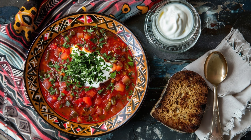 A top view with a dish of vibrant borscht topped with herbs, crunchy ...
