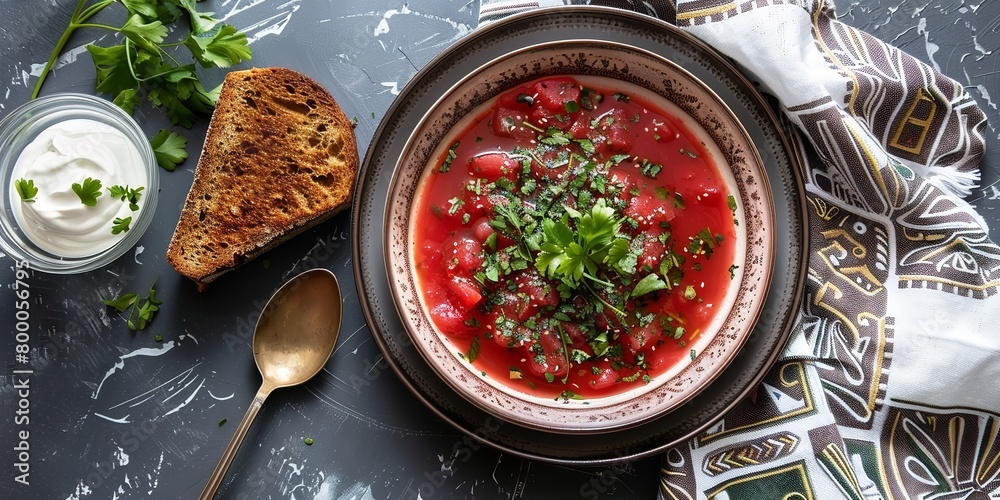 A top view with a dish of vibrant borscht topped with herbs, crunchy ...