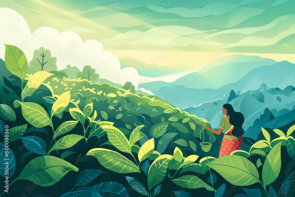 tea plantation, Indian woman collects tea leaves at the Big Tea ...
