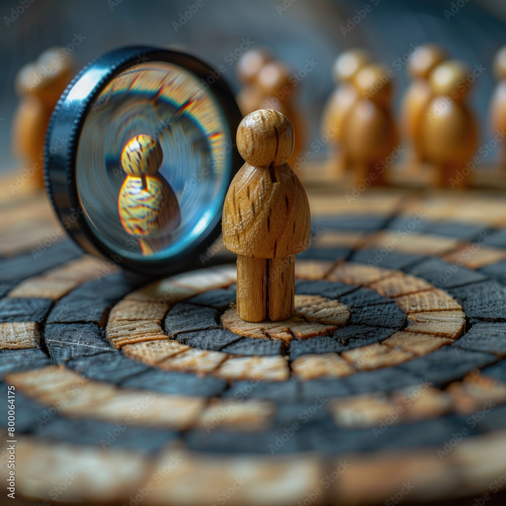 Personajes de madera simples, reflejados en la lupa a la espalda ...