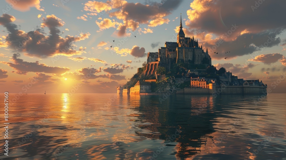 Mont Saint-Michel at sunset, medieval abbey, historical site Stock ...