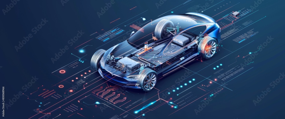 Detailed illustration of an electric vehicle with exposed engine and ...
