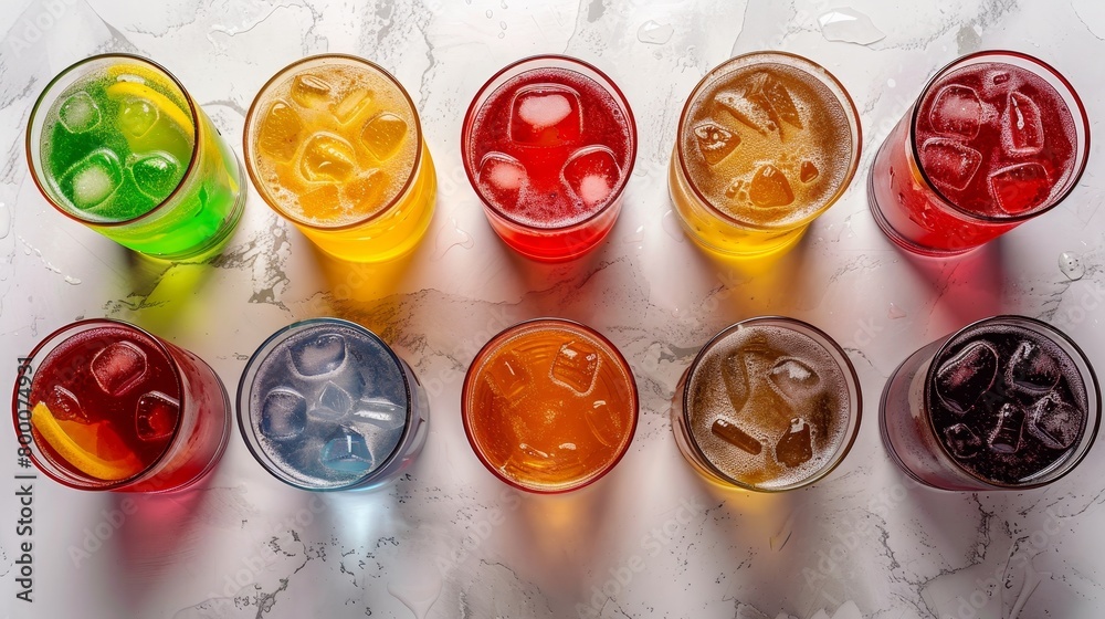 Vibrant top view of diverse soft drinks collection, from classic cola ...